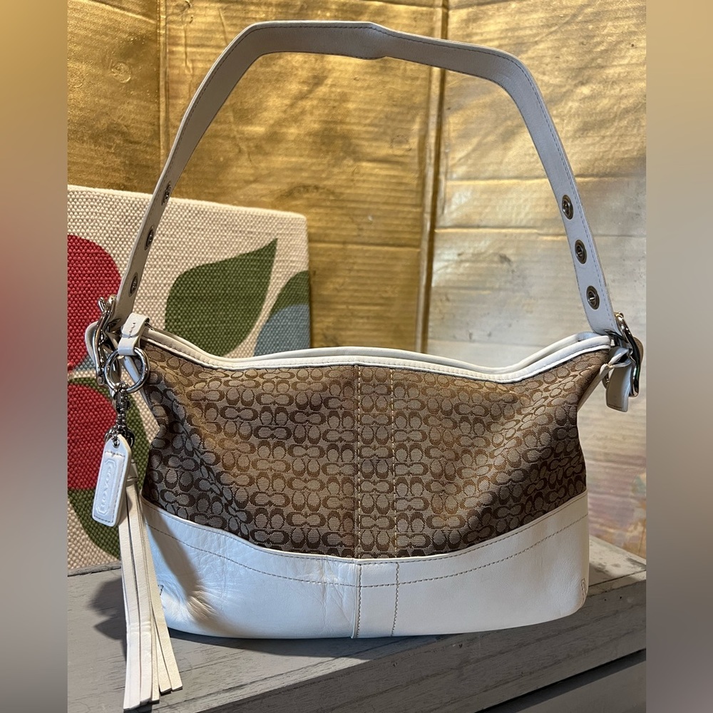 Coach Hand Bag- F10418 White Khaki Signature Leather … - Gem